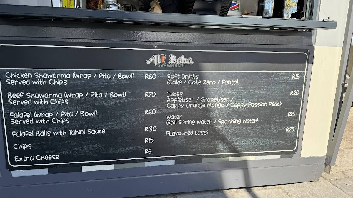 Menu at Ali Baba Shawarma restaurant, Cape Town