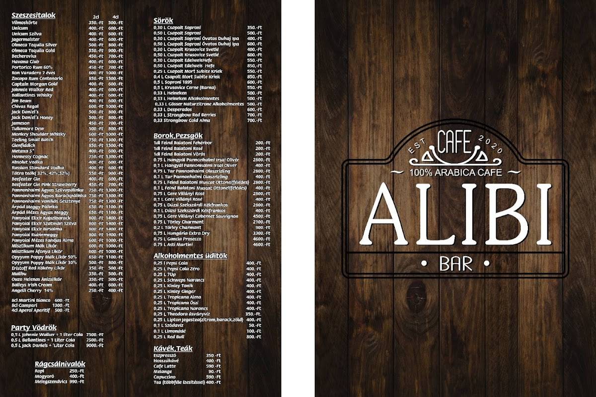 Menu at Alibi Bar & Cafe, Győr