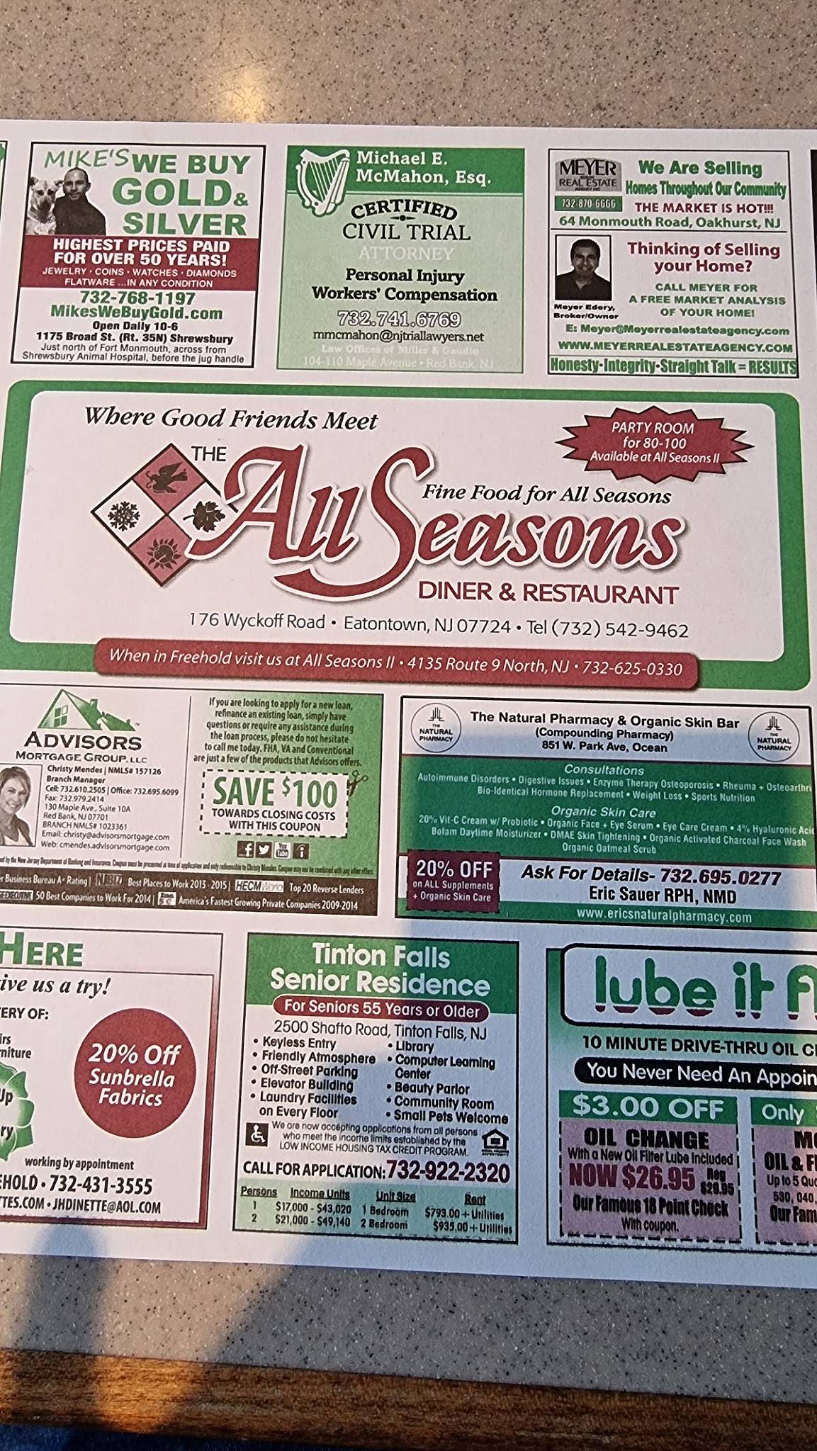 Menu at All Seasons Diner restaurant, Eatontown