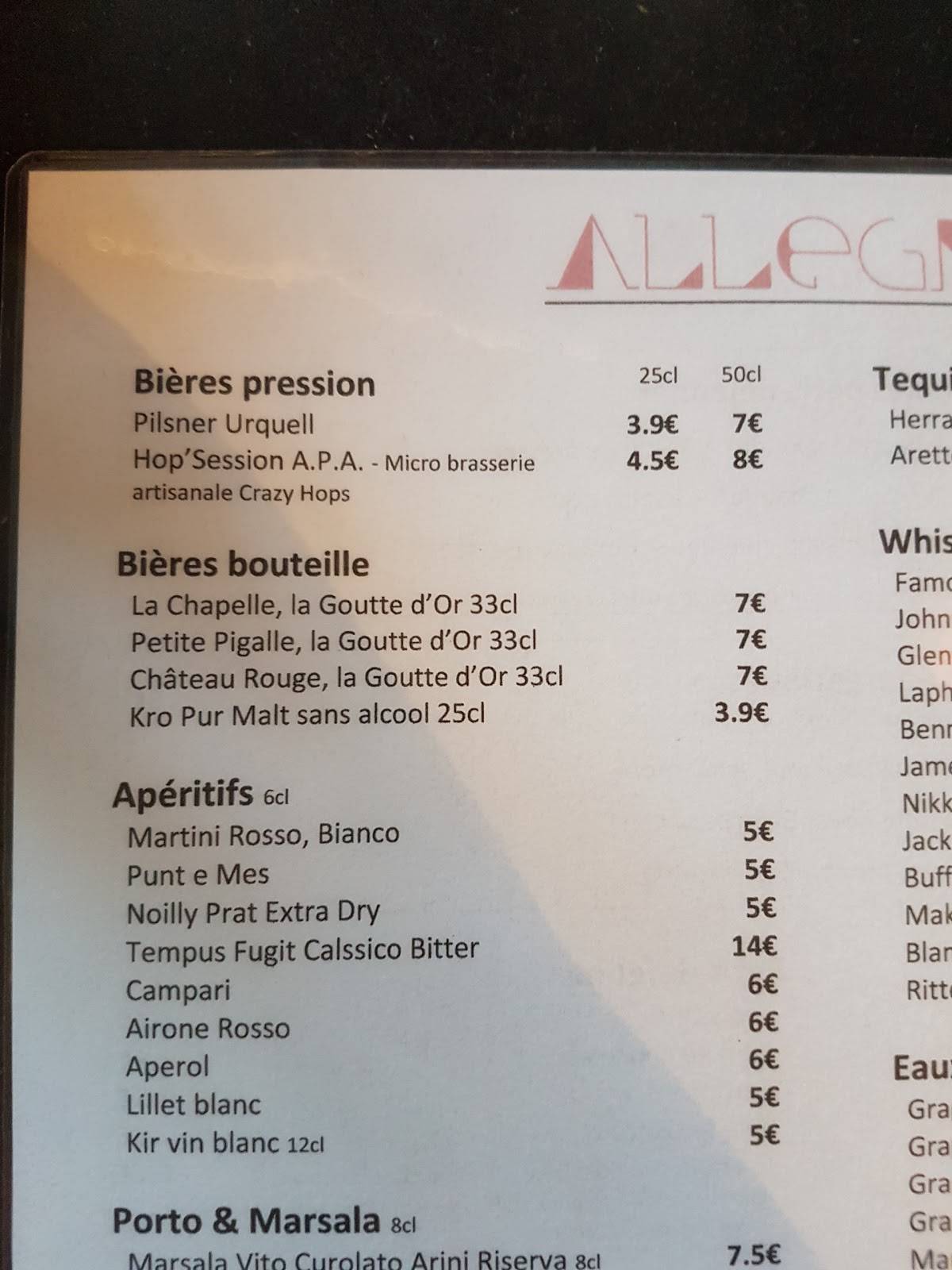 Menu at Allegra pub & bar, Paris, 70 Rue du Faubourg Saint-Martin