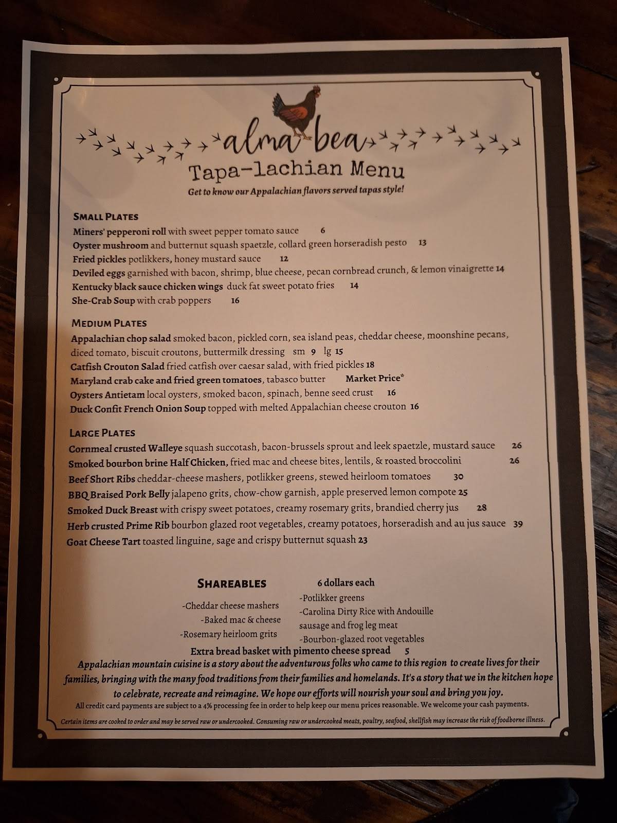 Menu at Alma Bea pub & bar, Shepherdstown