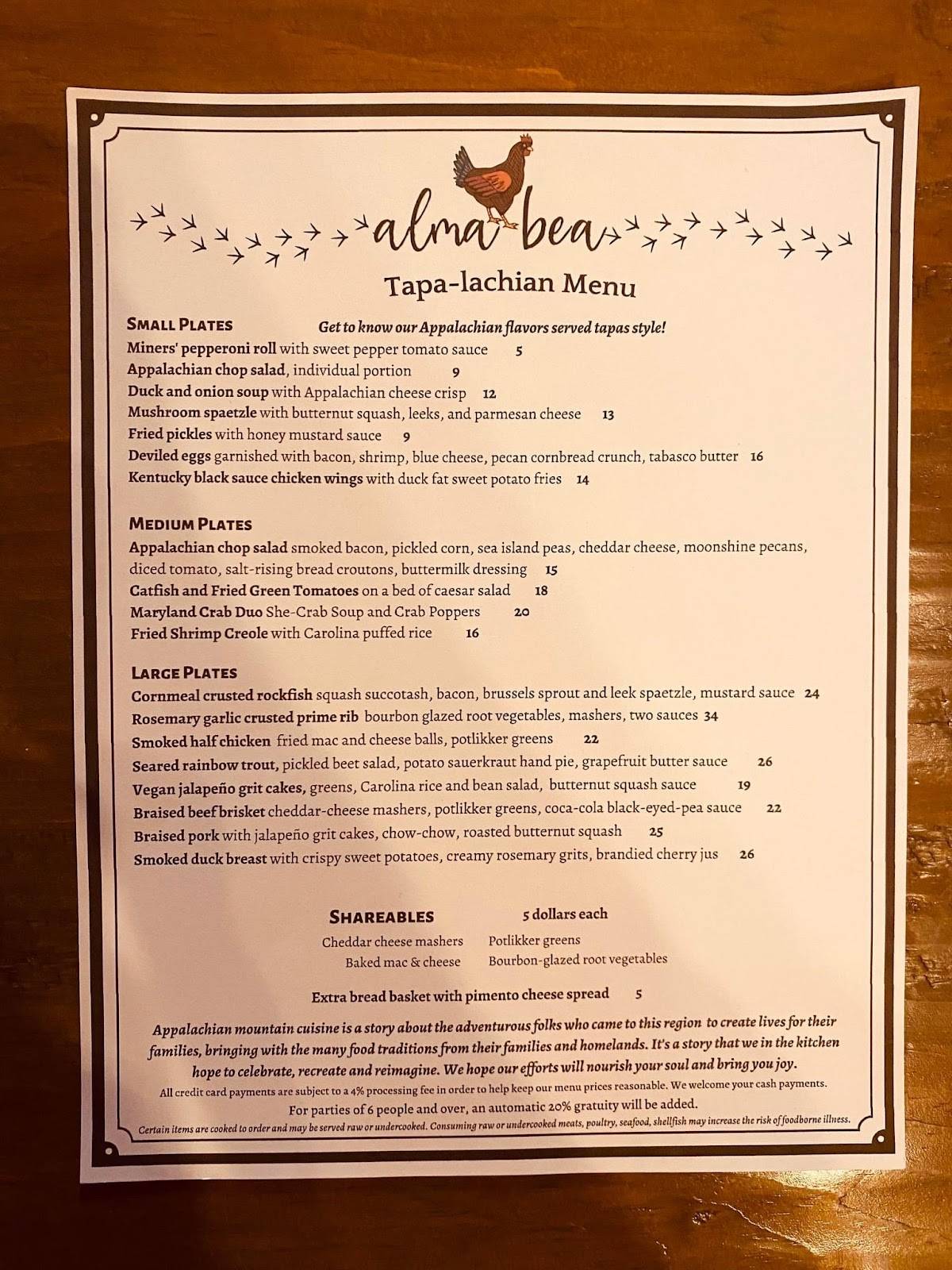 Menu at Alma Bea pub & bar, Shepherdstown