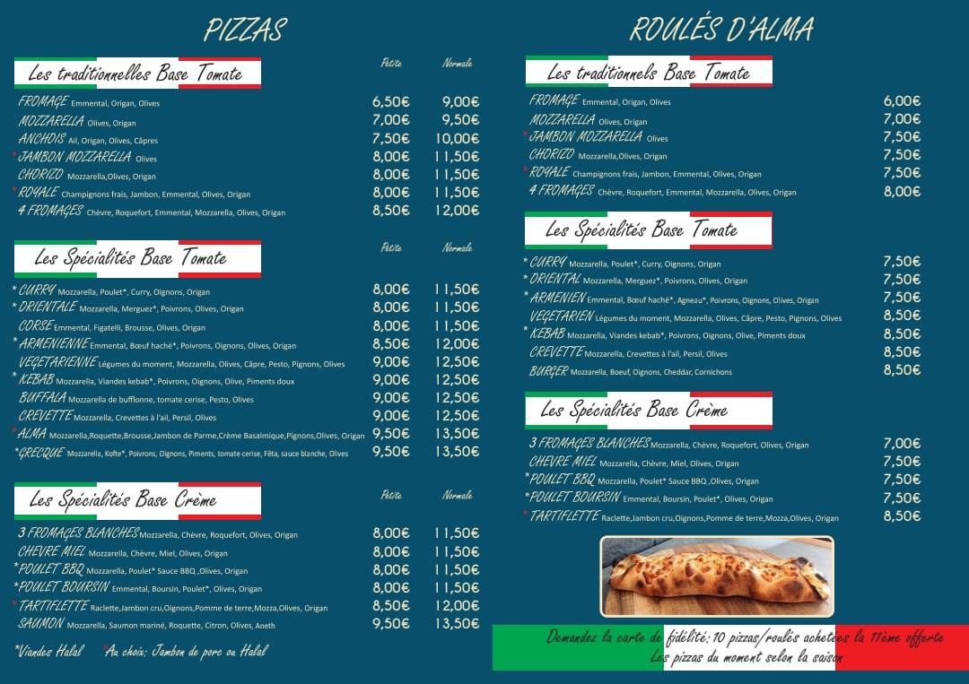 Menu at Alma Pizza Lavéra pizzeria, Martigues
