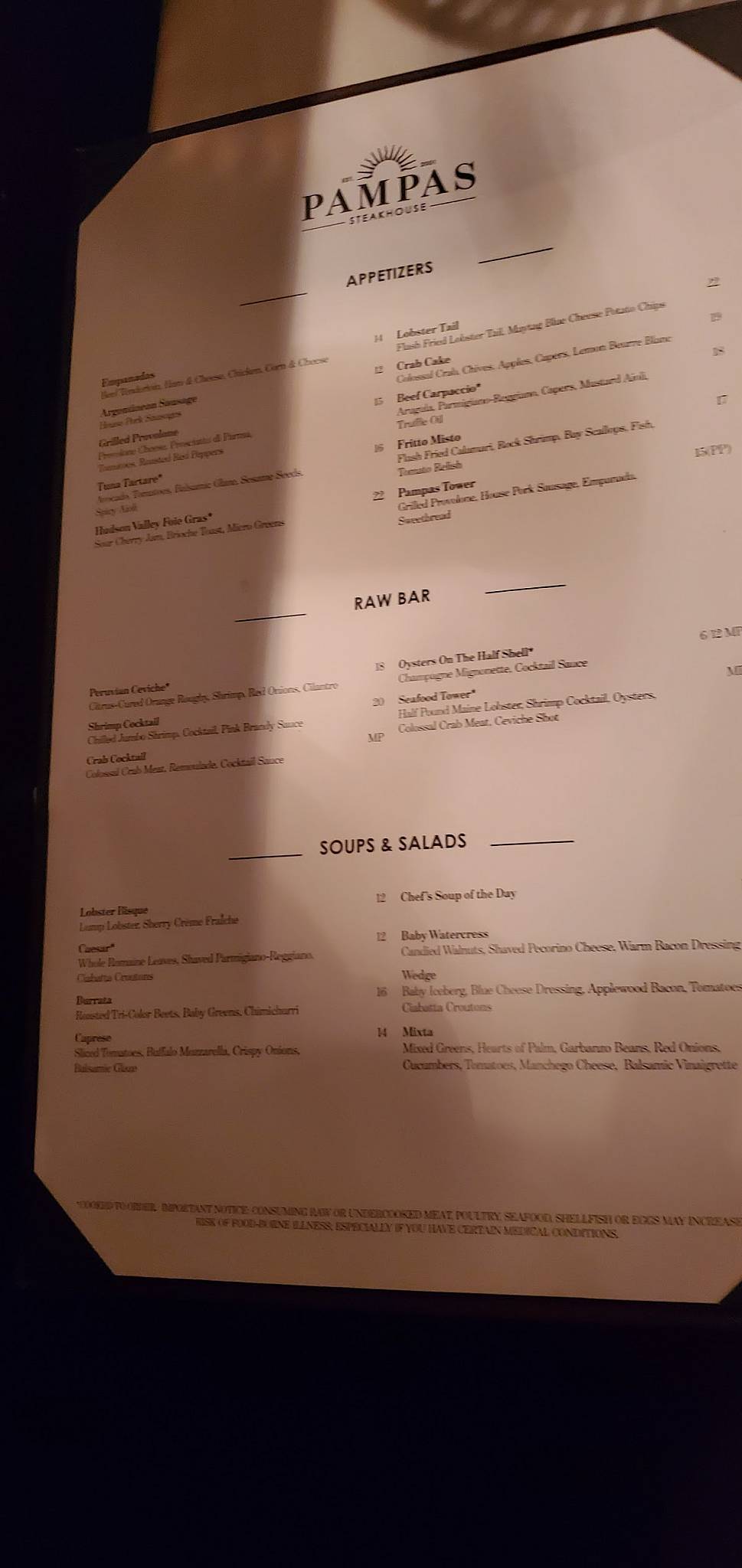 Menu at Pampas Steakhouse, Johns Creek
