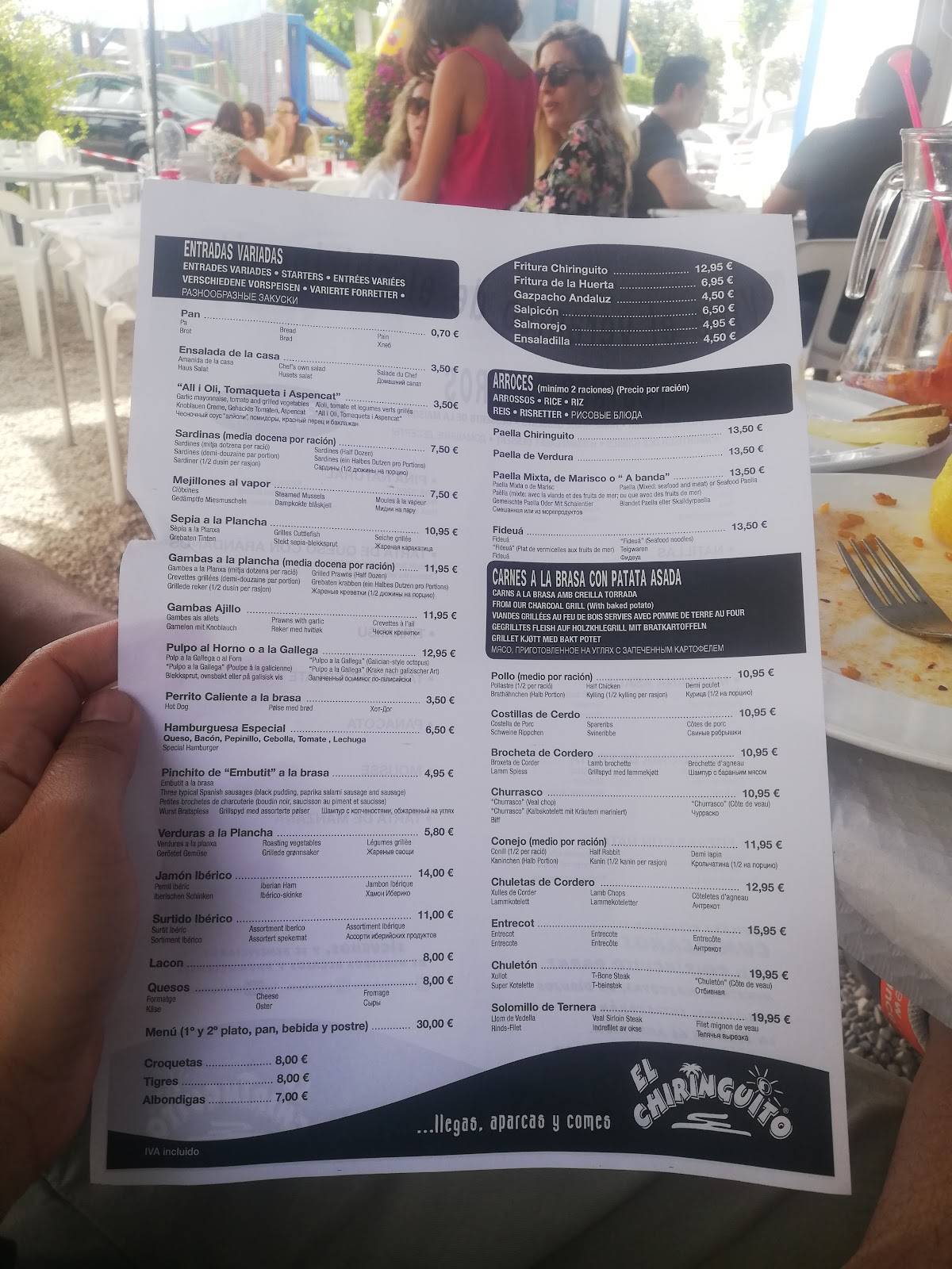 Carta del restaurante El Chiringuito, Altea, Carr. del Albir