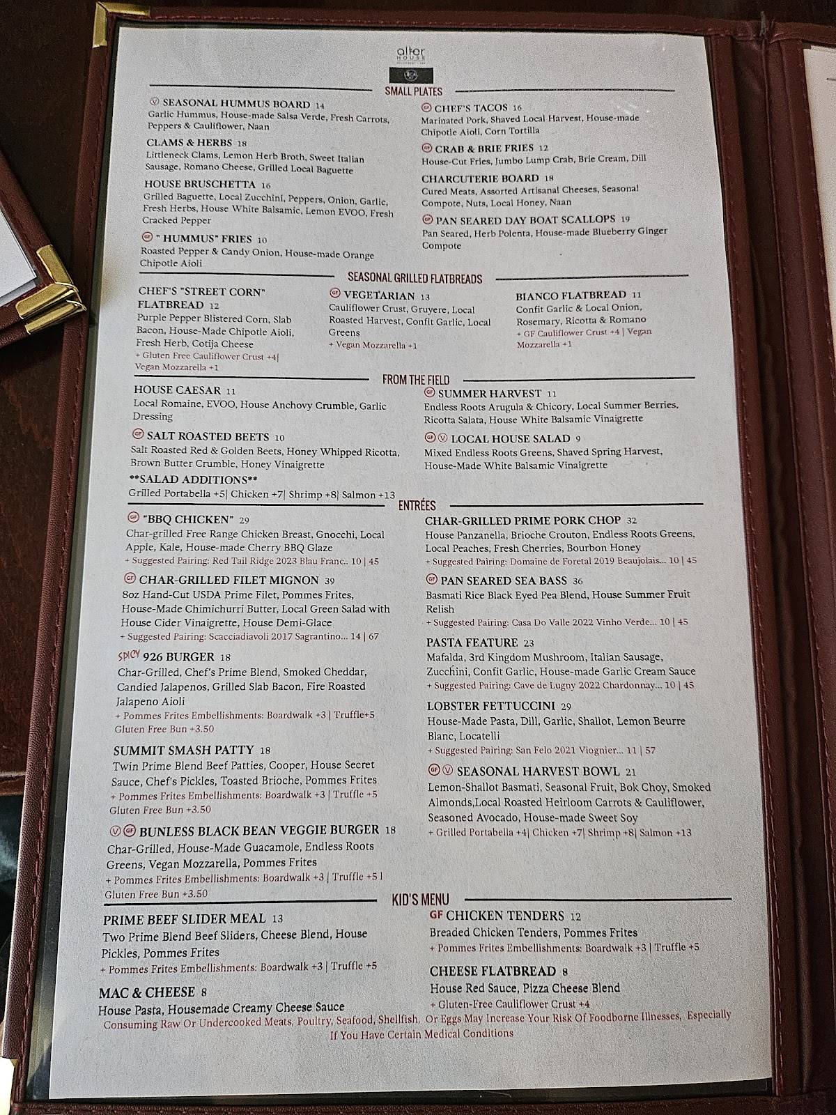 Carta de Alter House Restaurant & Bar, Clarks Summit