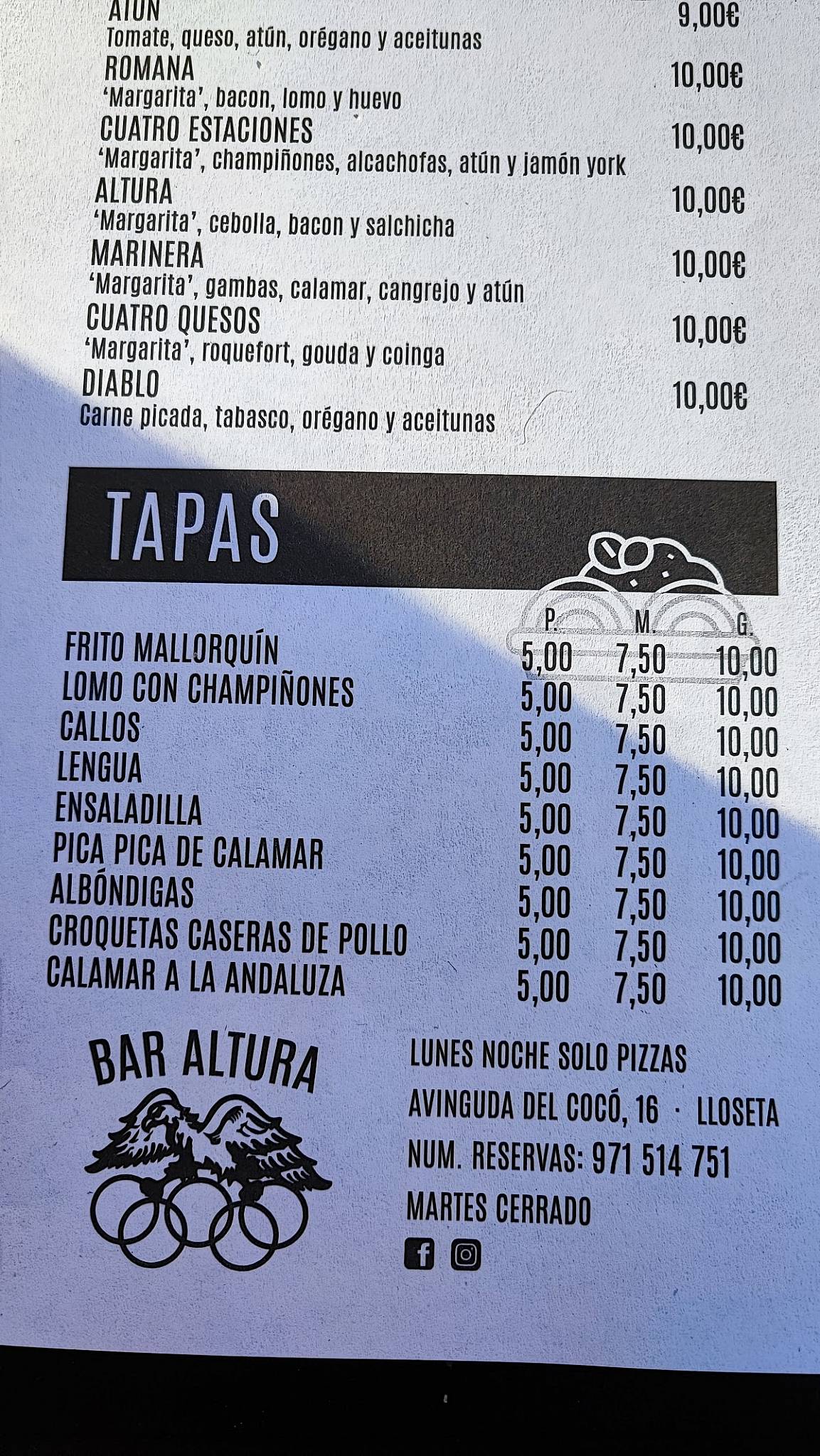 Carta de Bar Altura lloseta, Lloseta