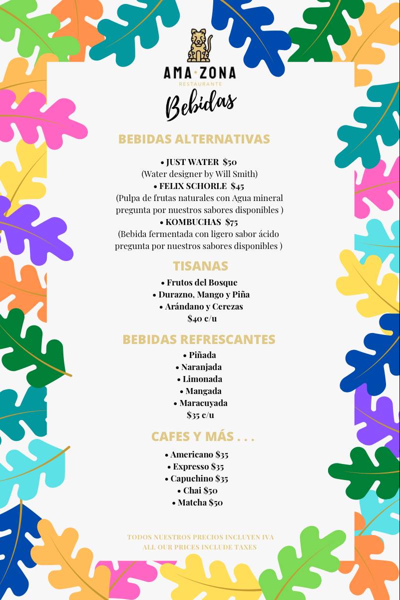 Menu at Ama•zona restaurant, San Miguel de Allende