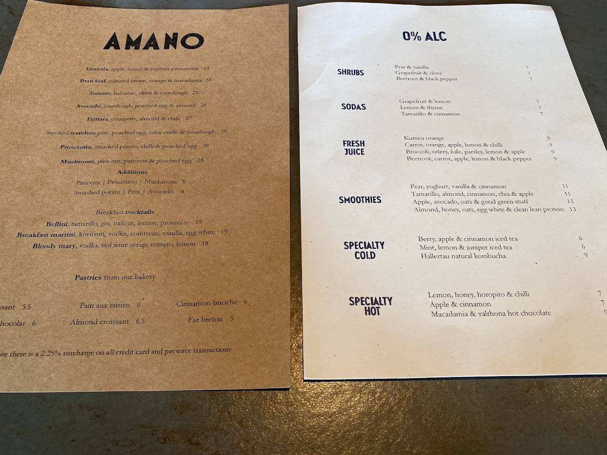 Menu at Amano restaurant, Auckland, 66 - 68