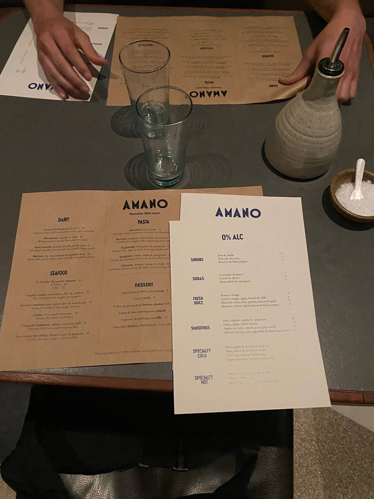 Menu at Amano restaurant, Auckland, 66 - 68