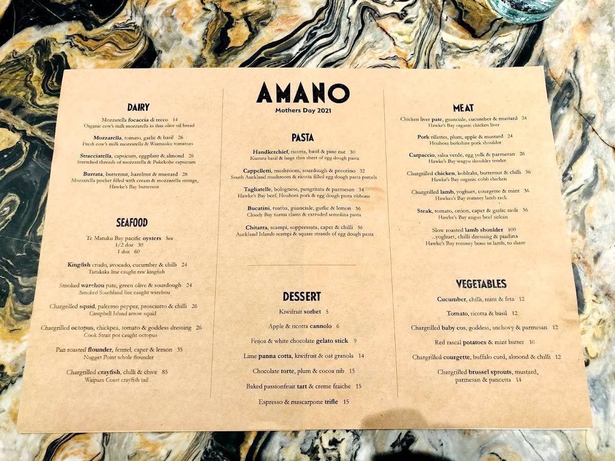 Menu at Amano restaurant, Auckland, 66 - 68
