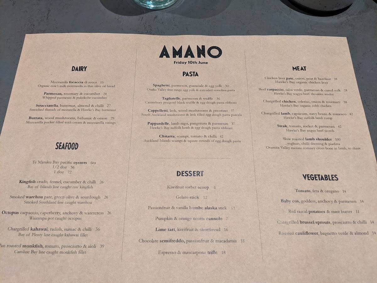 Menu at Amano restaurant, Auckland, 66 - 68