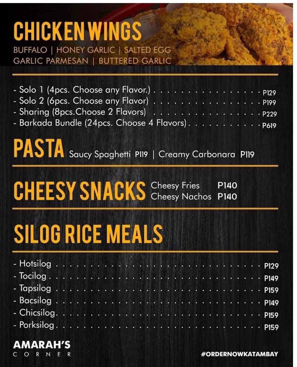 Carta del restaurante Amarah's Corner Fatima Valenzuela, Valenzuela