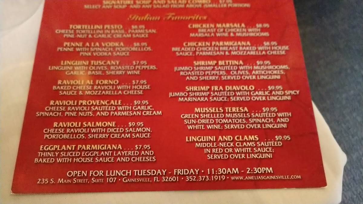 Menu at Amelia's Italian Restaurant, Gainesville