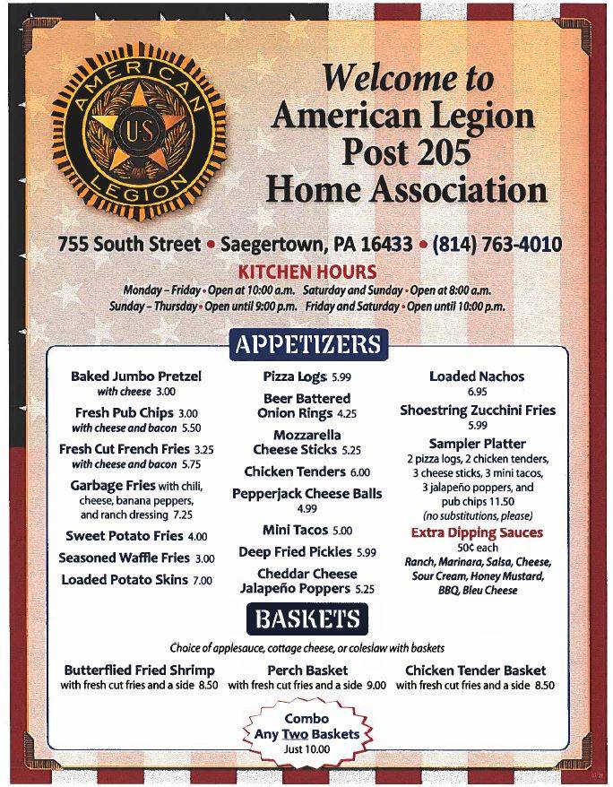 Menu at American Legion Post 205 restaurant, Saegertown