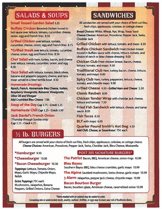 Menu at American Legion Post 205 restaurant, Saegertown