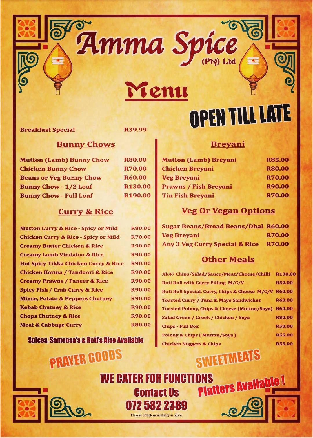 Menu at Amma Spice restaurant, Kempton Park, Kempton Gate