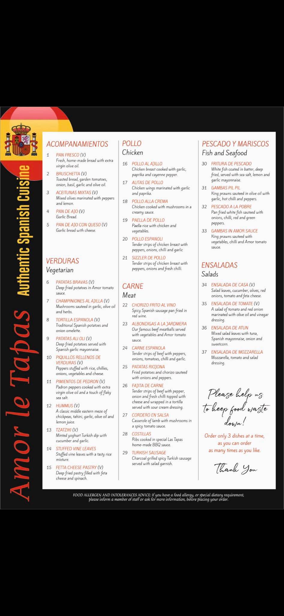 Menu at Amor La Tapas restaurant, Glossop