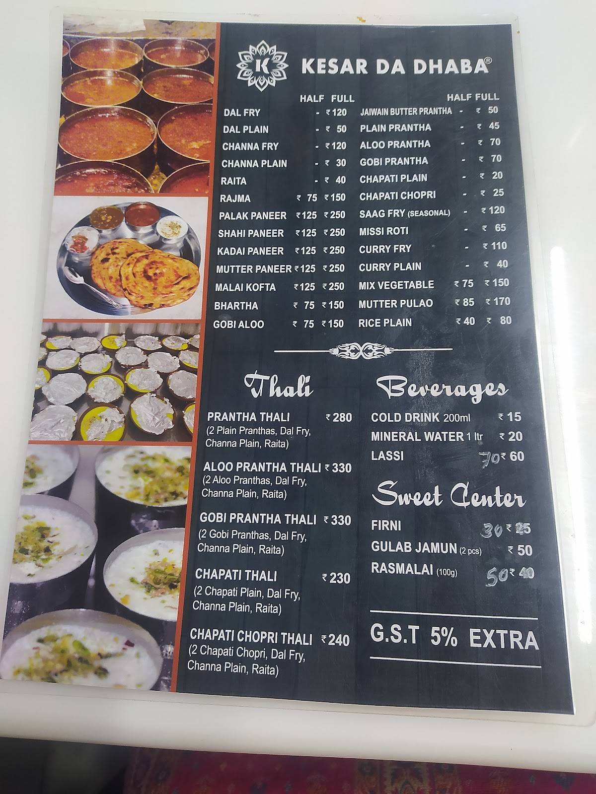 Menu at Kesar Da Dhaba, Amritsar