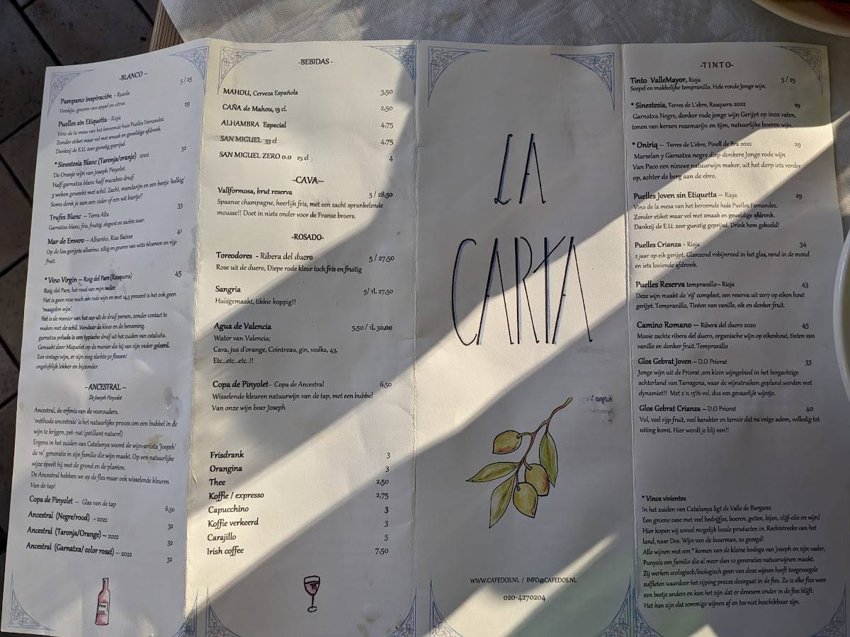 Menu at Duende Dos, Amsterdam