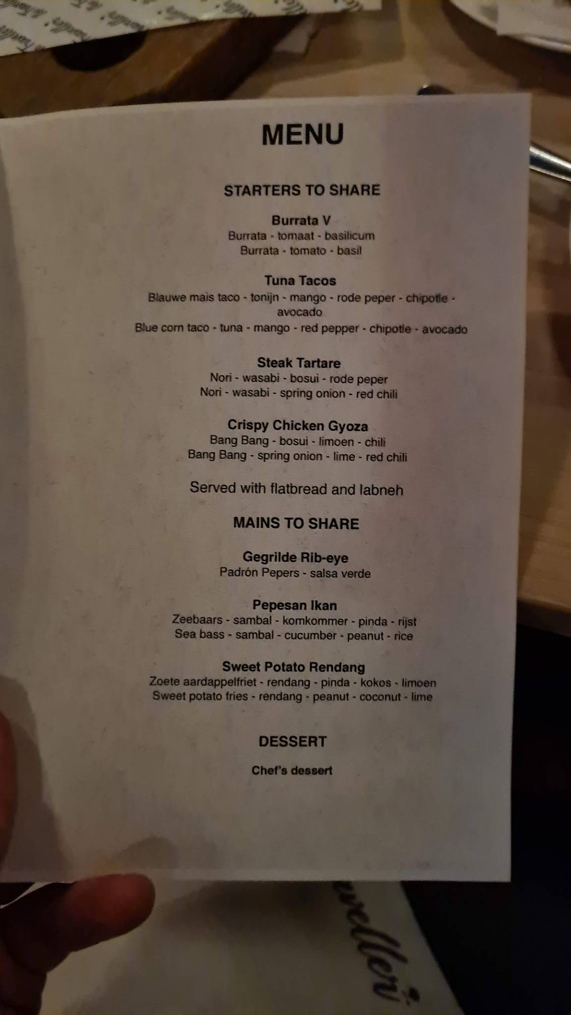 Menu at The Traveller, Amsterdam
