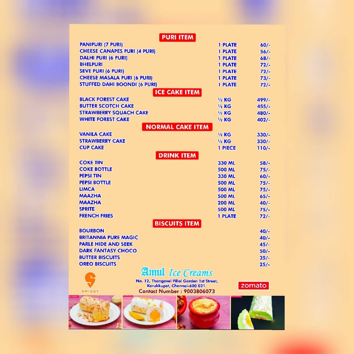 Menu at Amul ice creams, Chennai, No 12 thangavel pillai garden 1st ...
