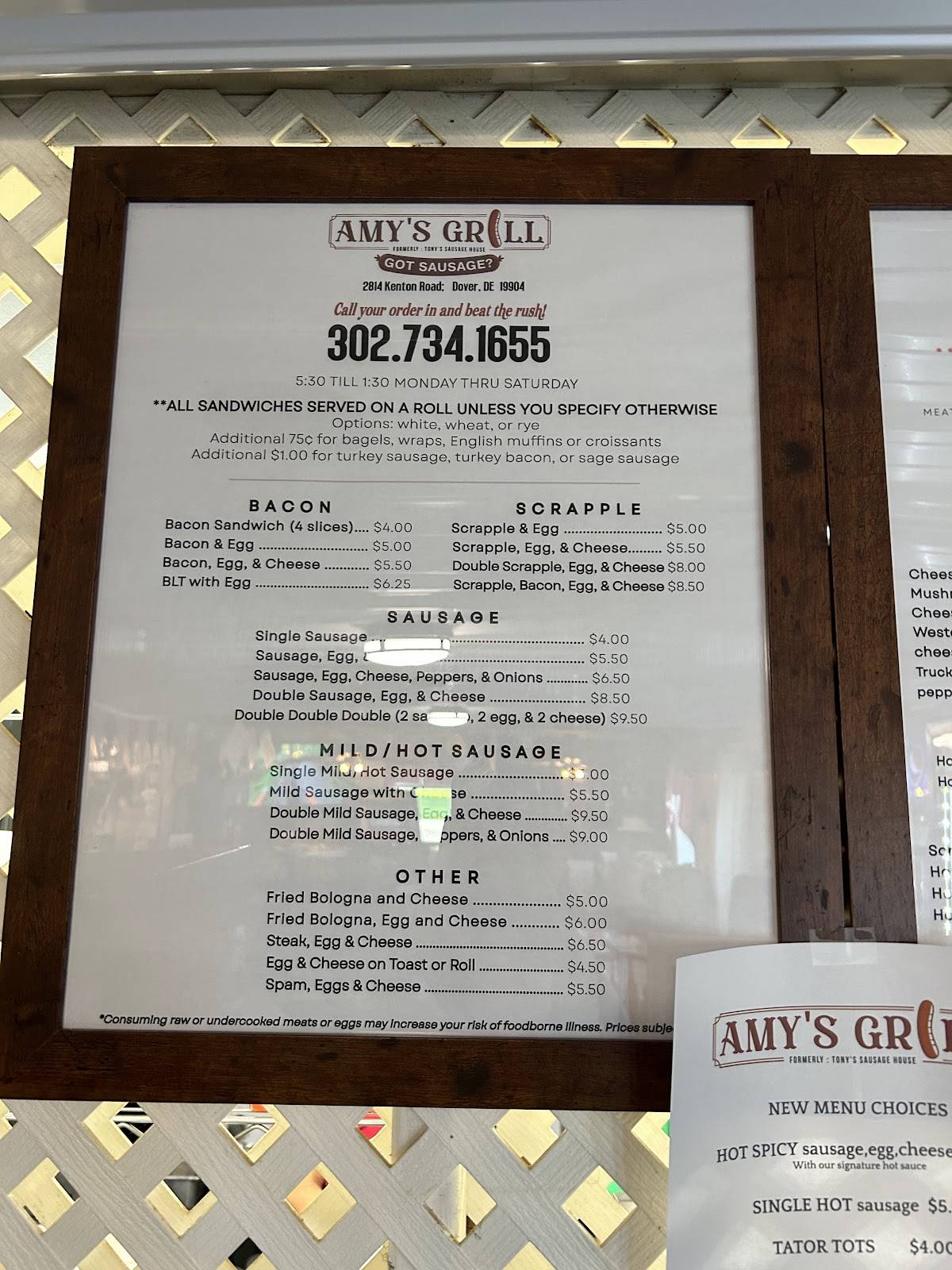 Menu at Amy’s Grill restaurant, Dover