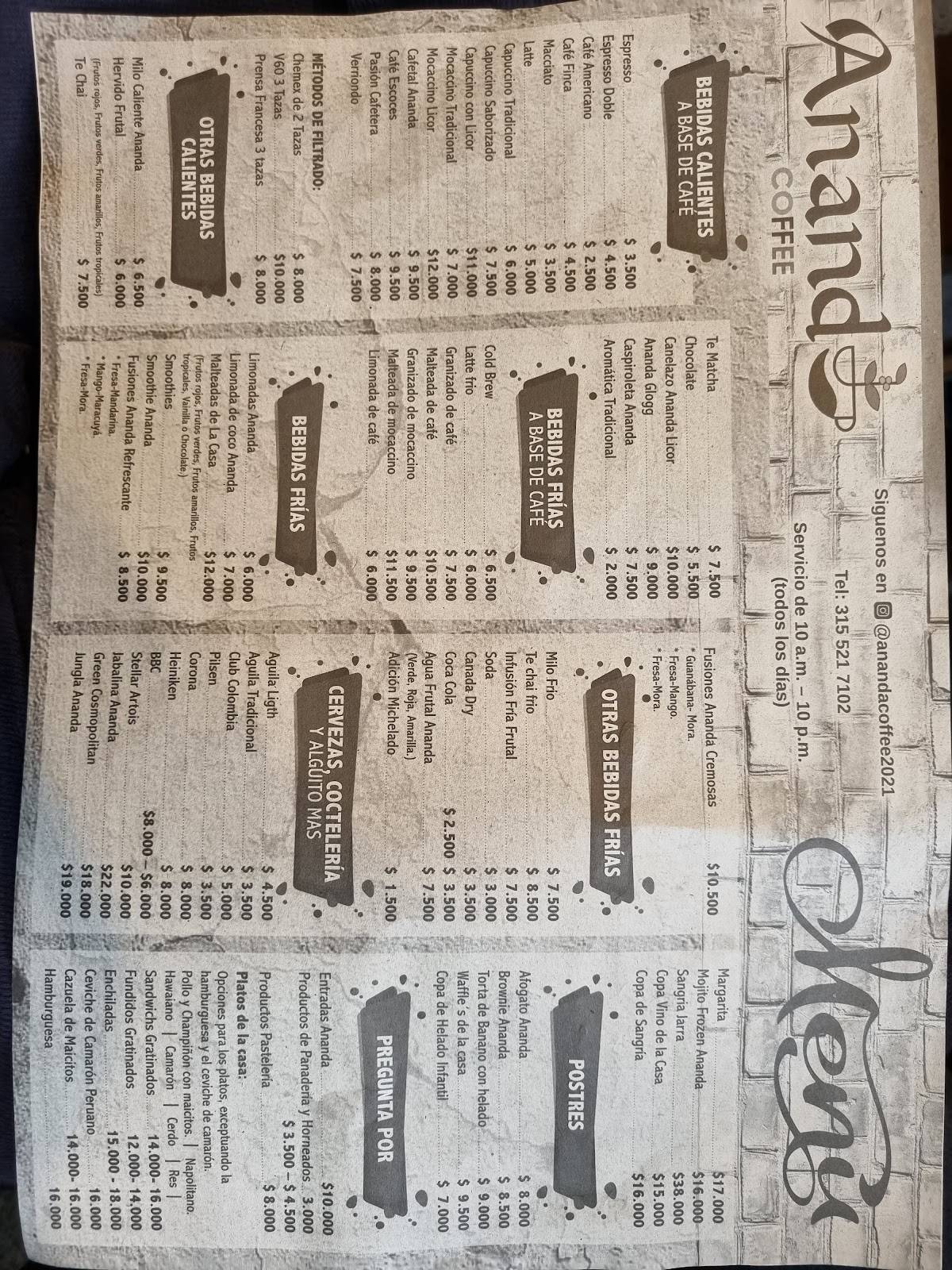 Menu at Ananda Coffe, Apartadó