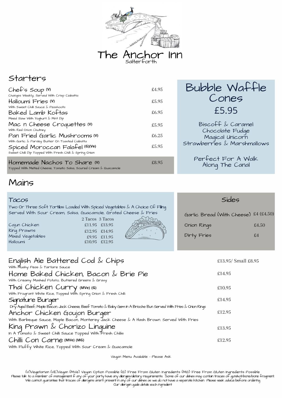 Menu at Anchor Inn Salterforth pub & bar, Barnoldswick