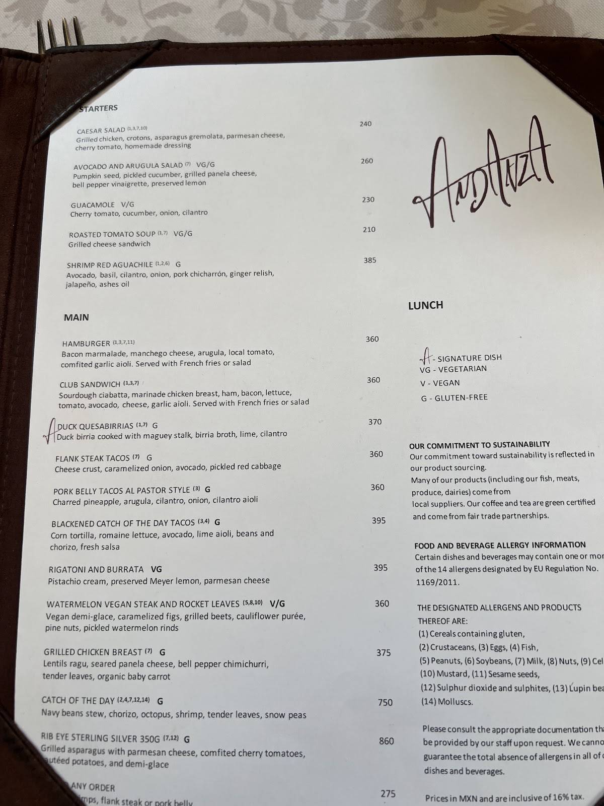 Carta del restaurante Andanza - Belmond Casa del Sierra Nevada, San ...