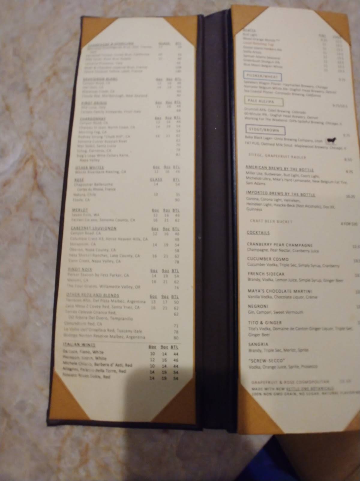 Menu at Andiamo restaurant, Chicago, N O'Hare Fld