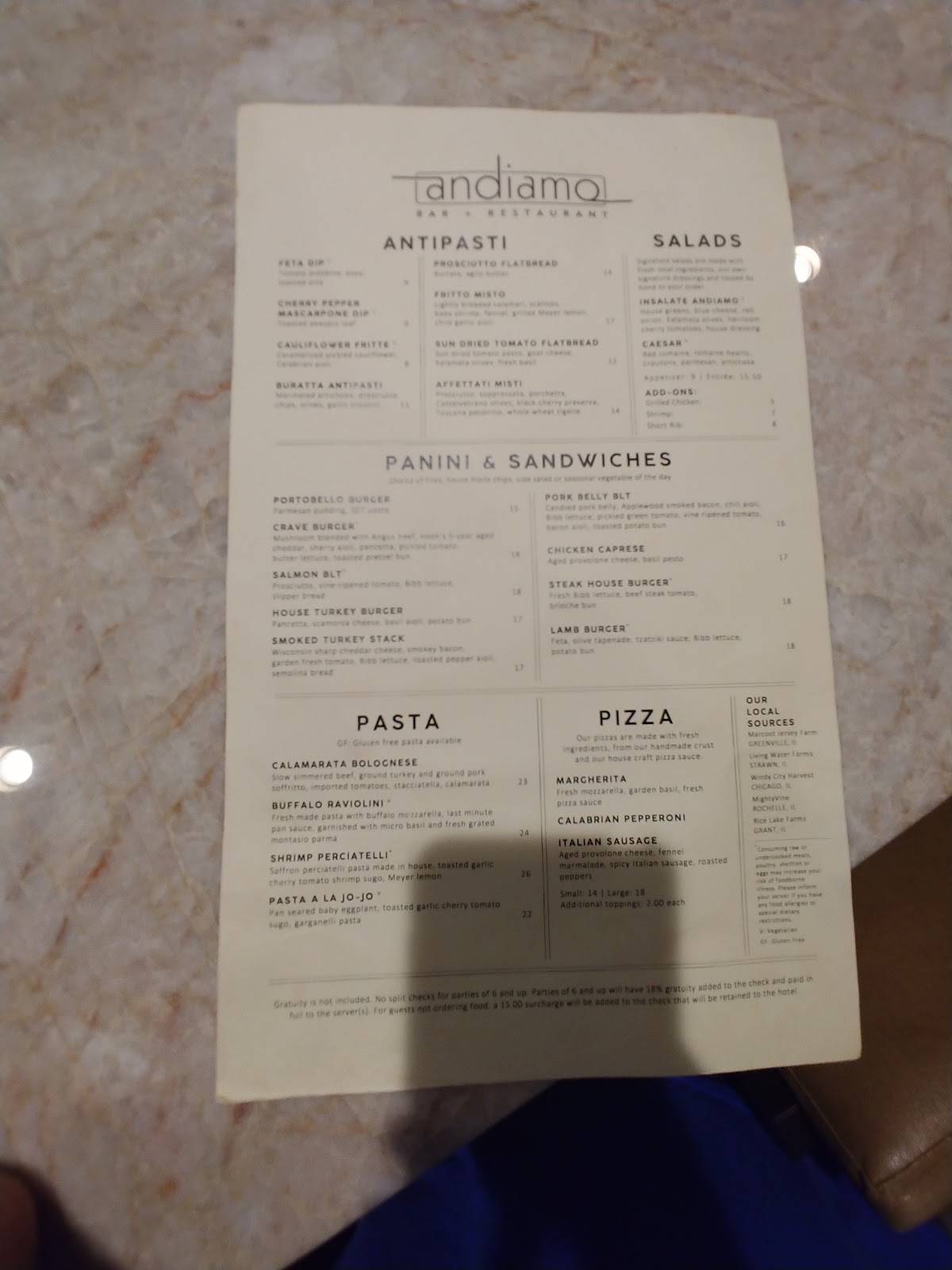 Menu at Andiamo restaurant, Chicago, N O'Hare Fld