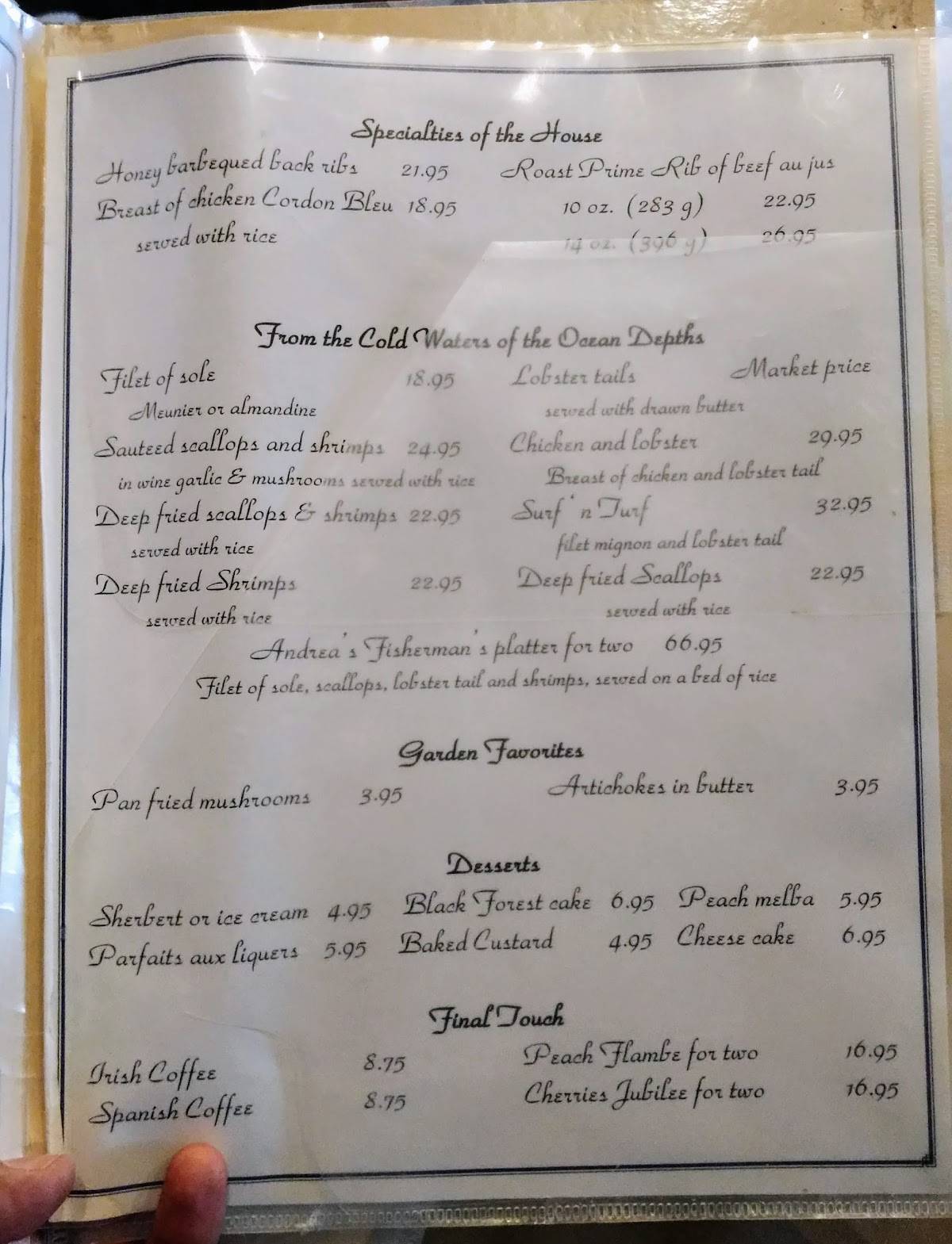 Menu at Andrea's Steak & Sea Food House steakhouse, Bracebridge