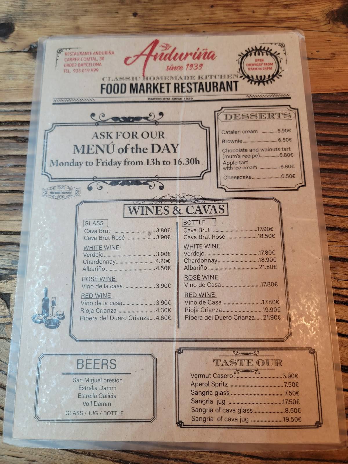 Menu at Anduriña pub & bar, Barcelona, C. Comtal