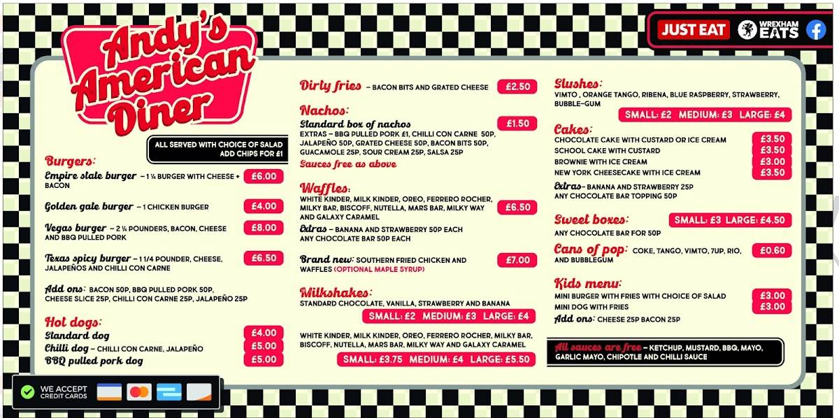 Menu at Andy's American Diner restaurant, Wrexham