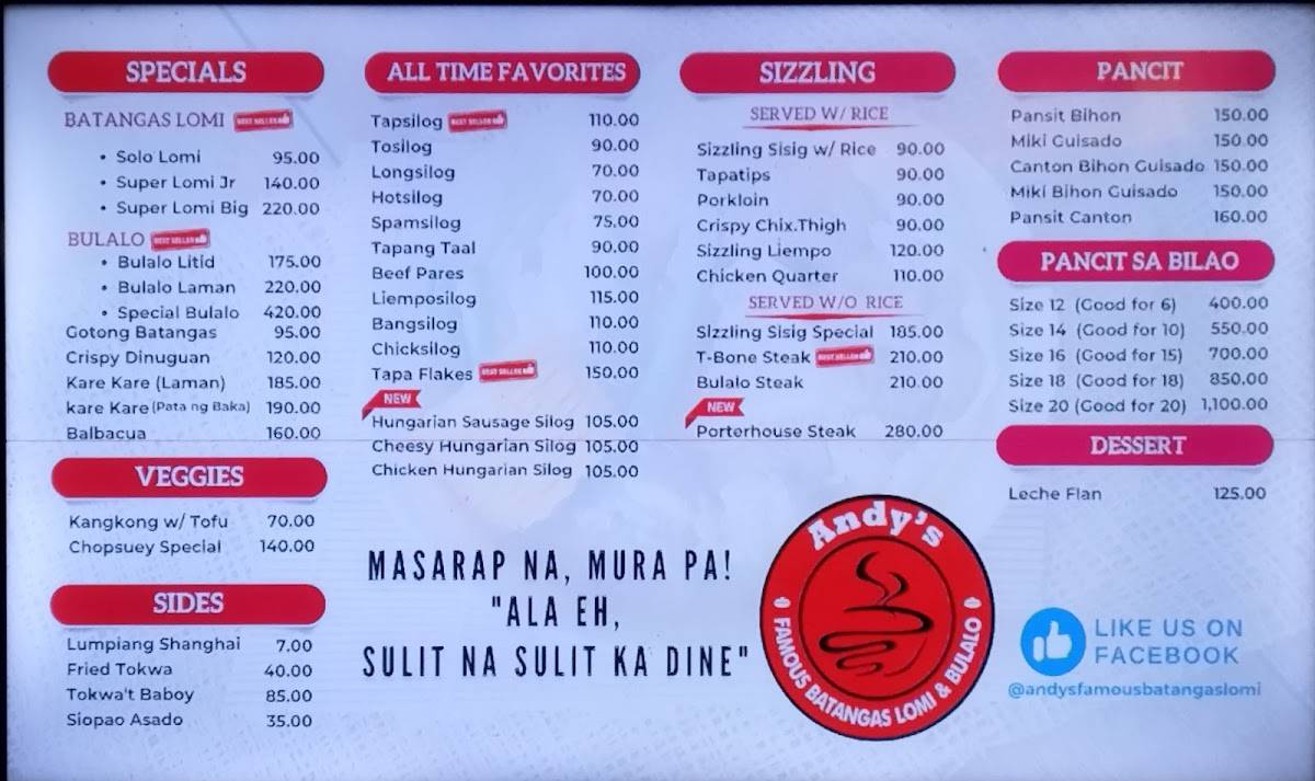 Menu at Andy's Famous Batangas Lomi & Bulalo restaurant, Quezon City