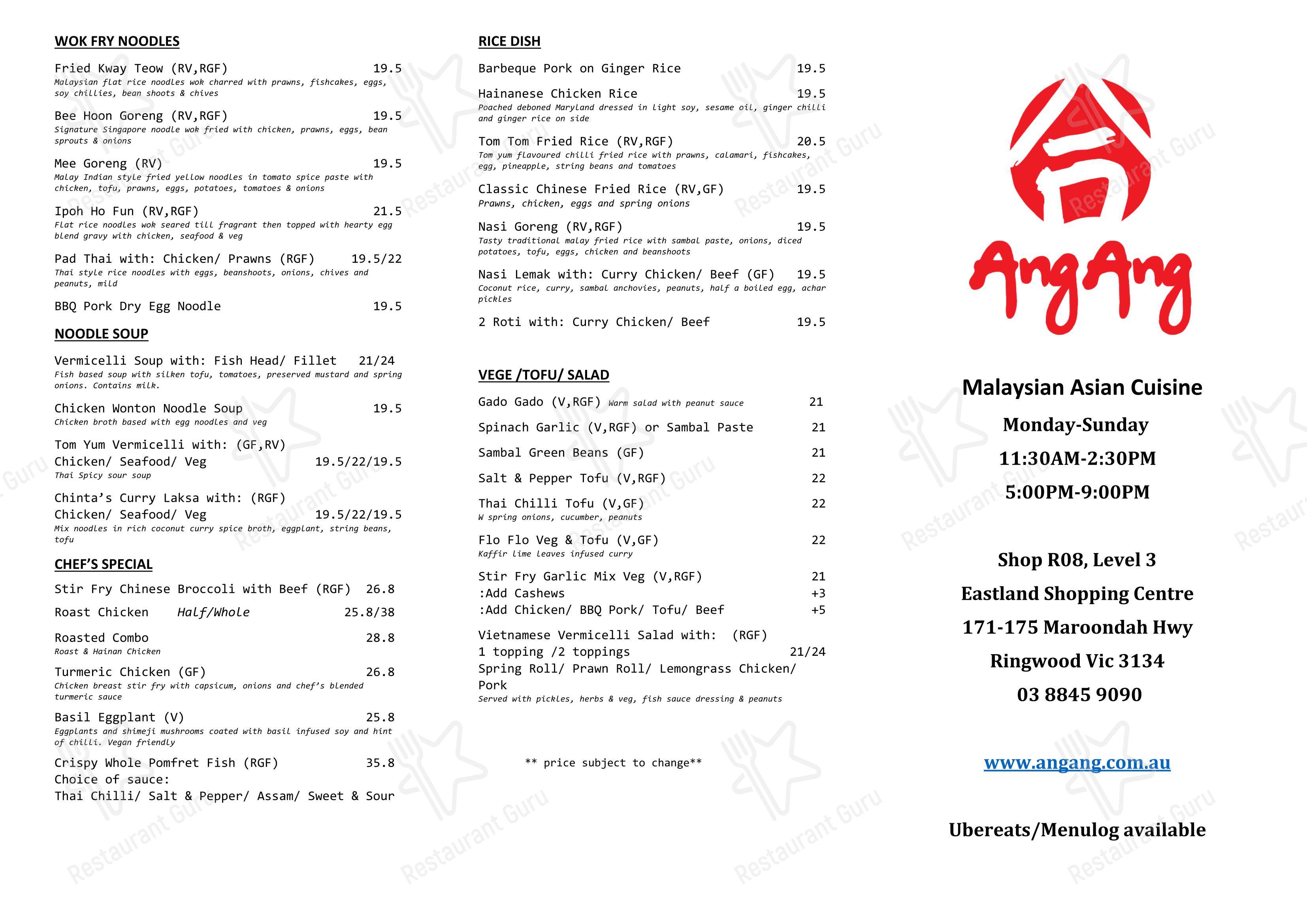 Menu at Ang Ang restaurant, Ringwood, Shop R08/175 Maroondah Hwy