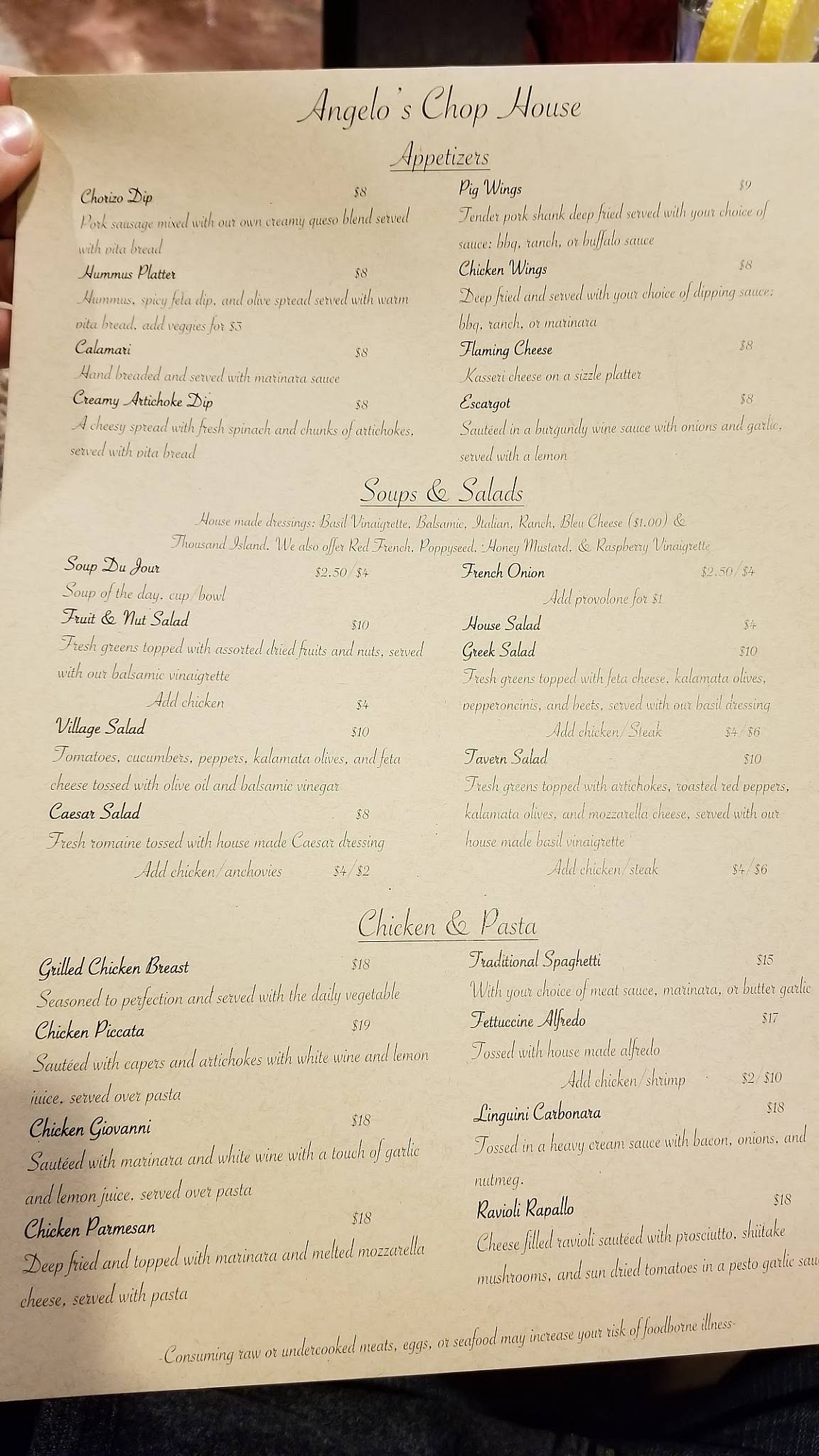 Menu at Angelo's Chop House steakhouse, Monroe