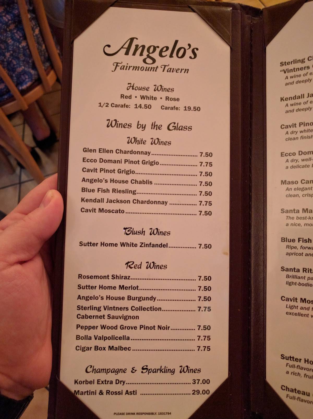 Menu at Angelo's Fairmount Tavern pub & bar, Atlantic City