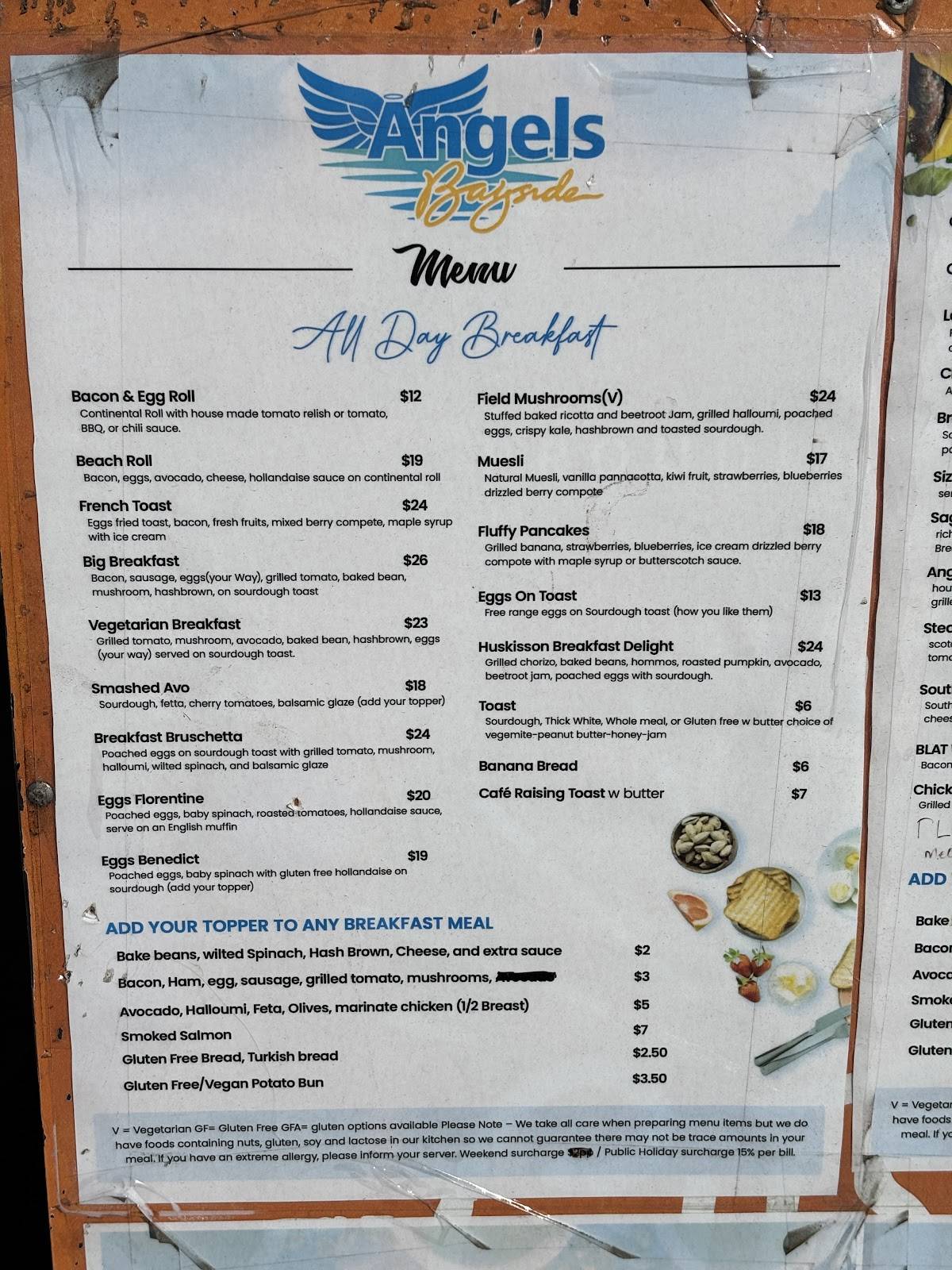 Menu at Angels Bayside Cafe, Huskisson
