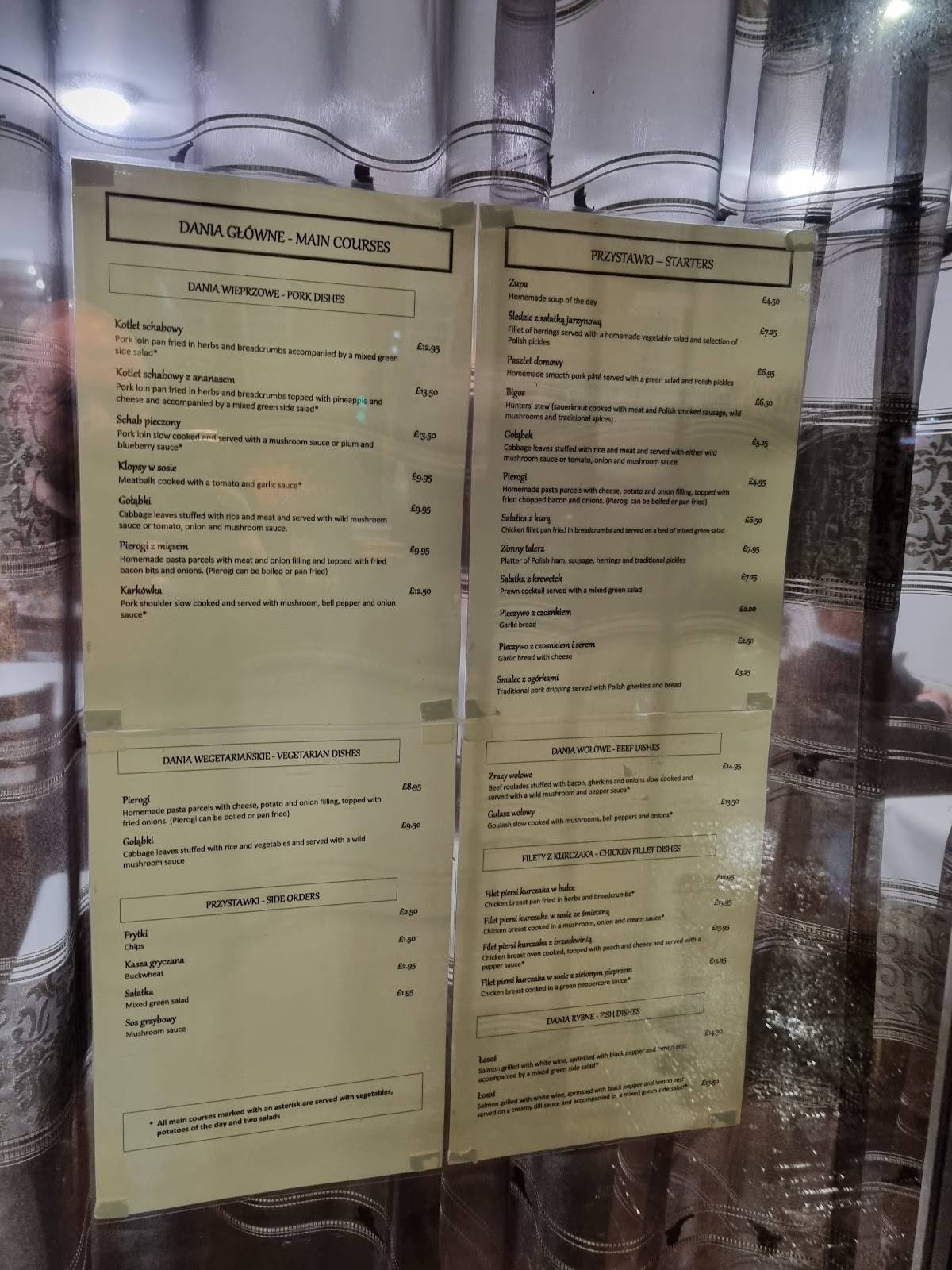 Menu at Ania Polish Restaurant, Nottingham