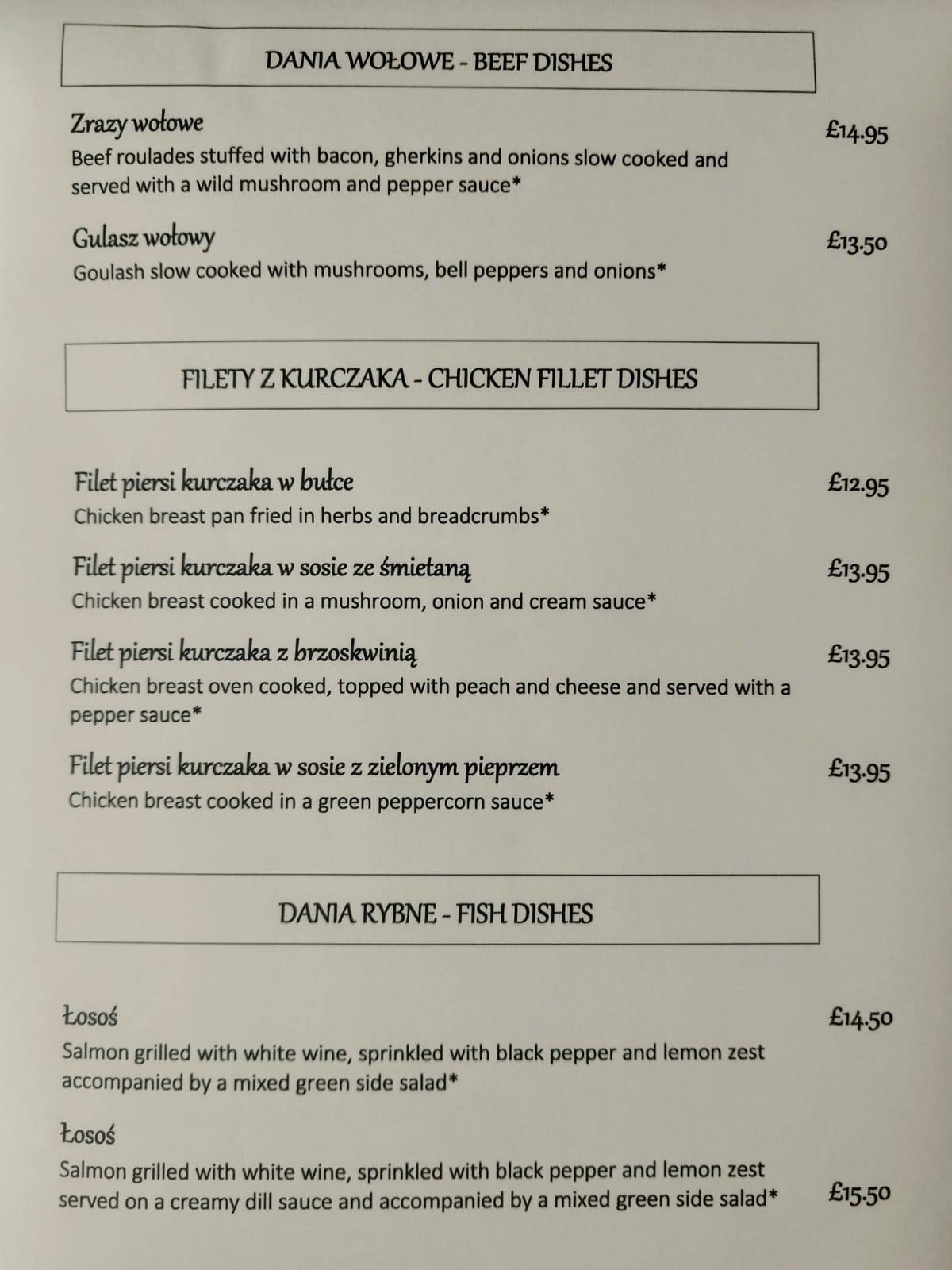 Menu at Ania Polish Restaurant, Nottingham