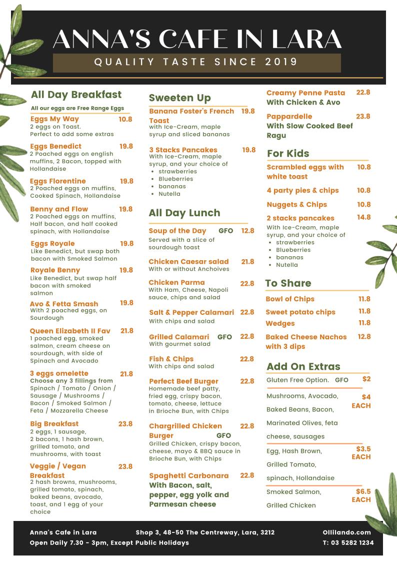 Menu at Anna’s Cafe In Lara, Lara