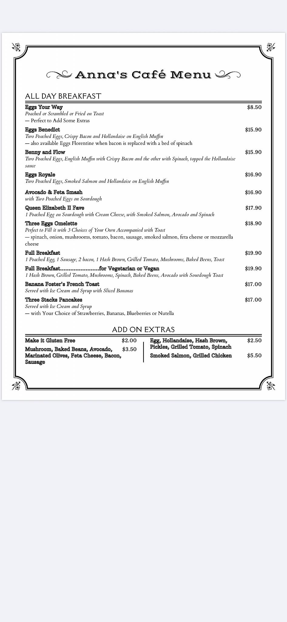 Menu at Anna’s Cafe In Lara, Lara