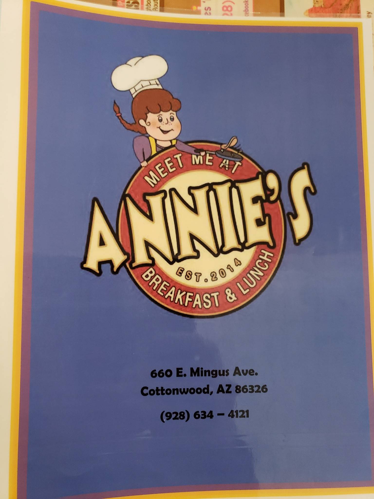Menu at Annie's restaurant, Cottonwood
