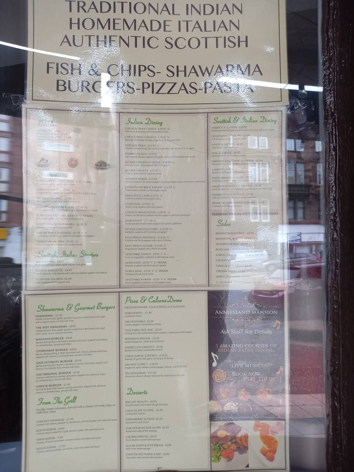 Menu at The Mansion cafe, Glasgow