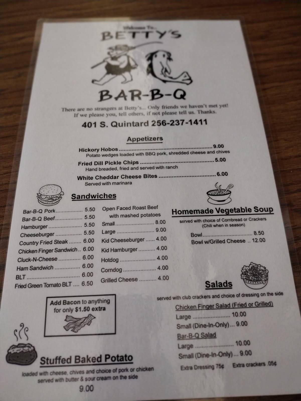 Menu at Betty's Bar-B-Q, Anniston
