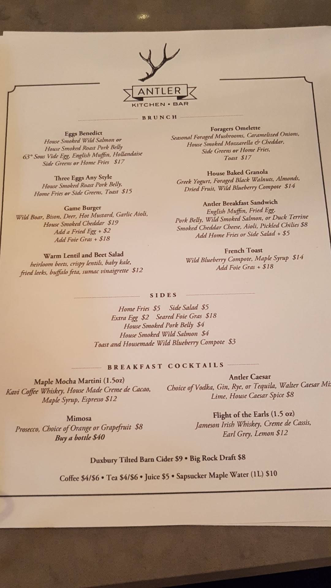 Menu at Antler Kitchen & Bar, Toronto