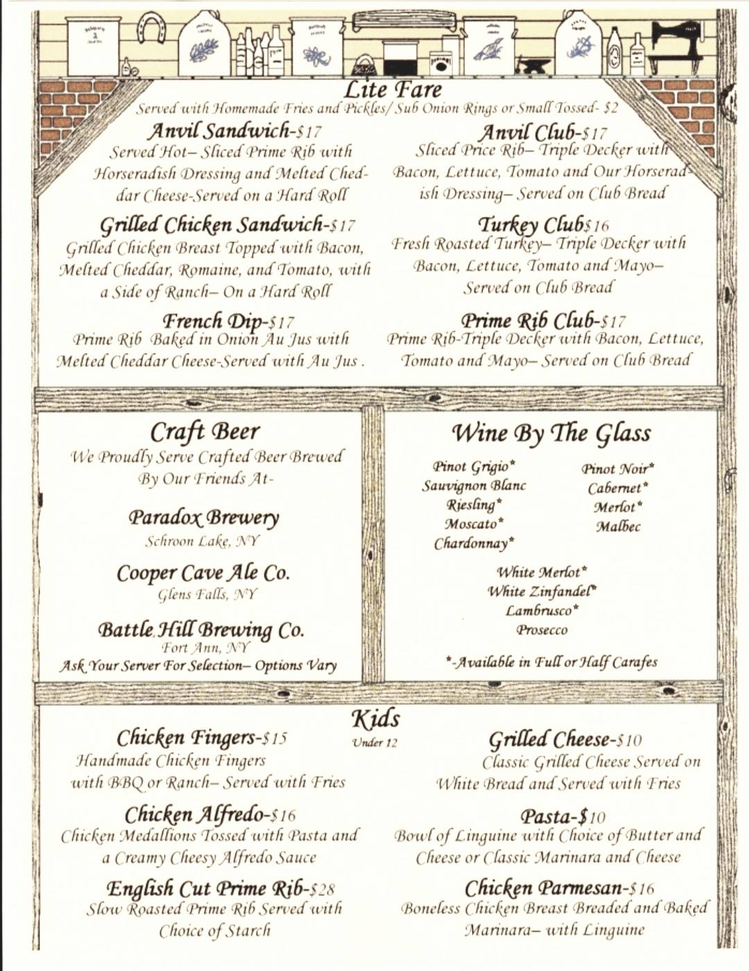 Menu at Anvil Inn Restaurant, Fort Edward