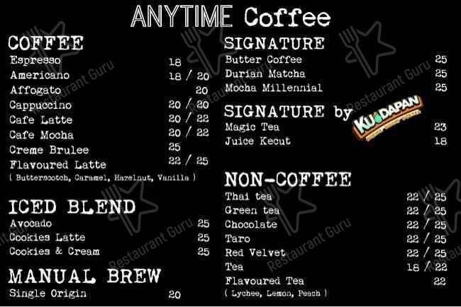 Menu at Anytime Coffee, Tangerang